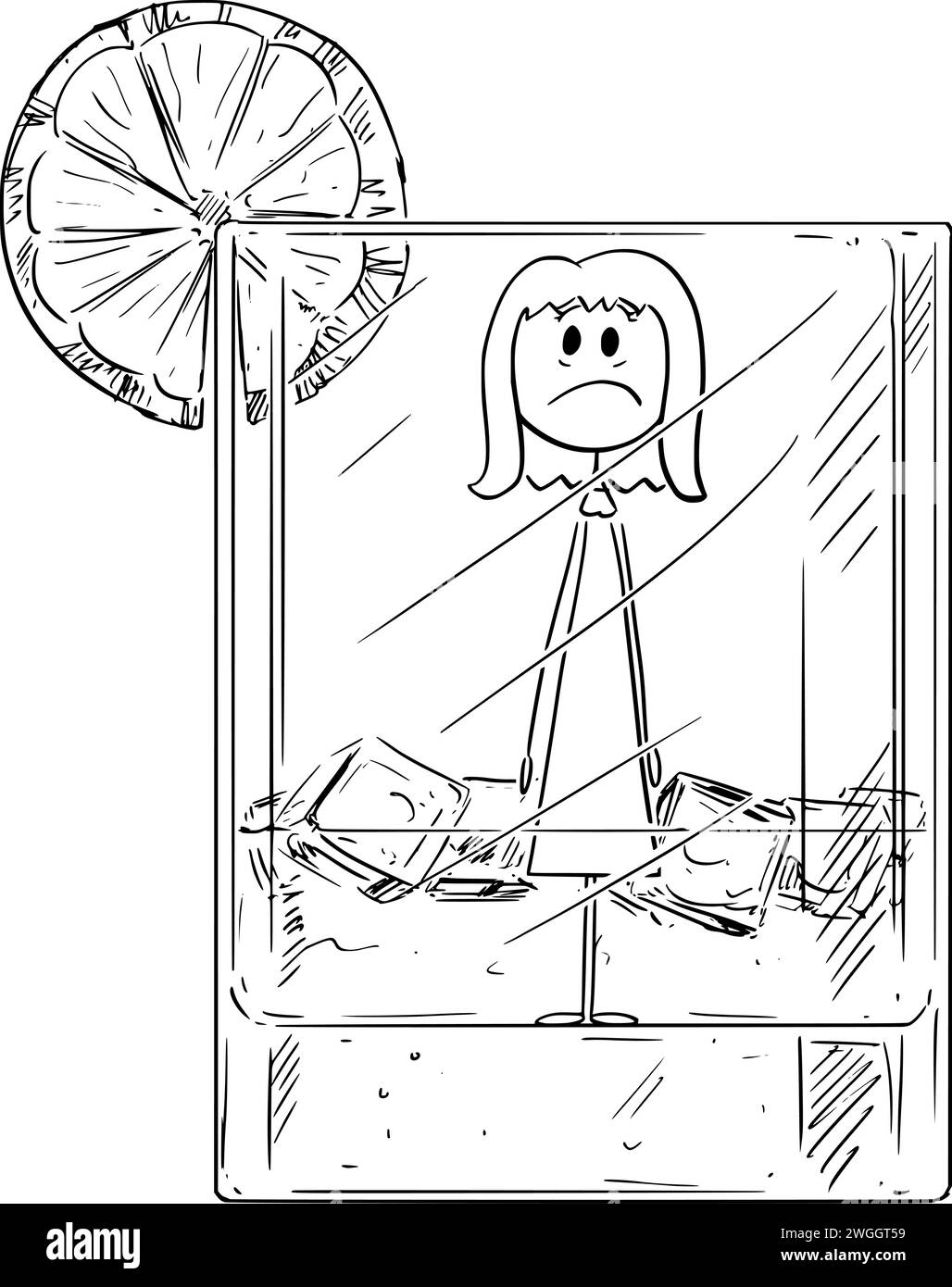 Female Alcohol Addict Inside Glass or Drink, Vector Cartoon Stick ...