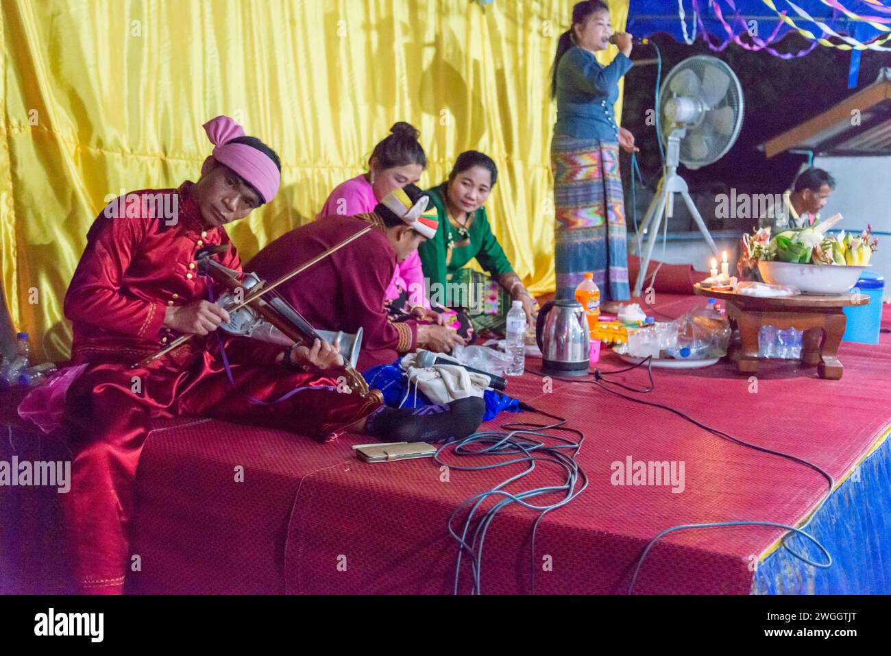 Pai,Thailand-April 04 2023: Local performers play instruments ...