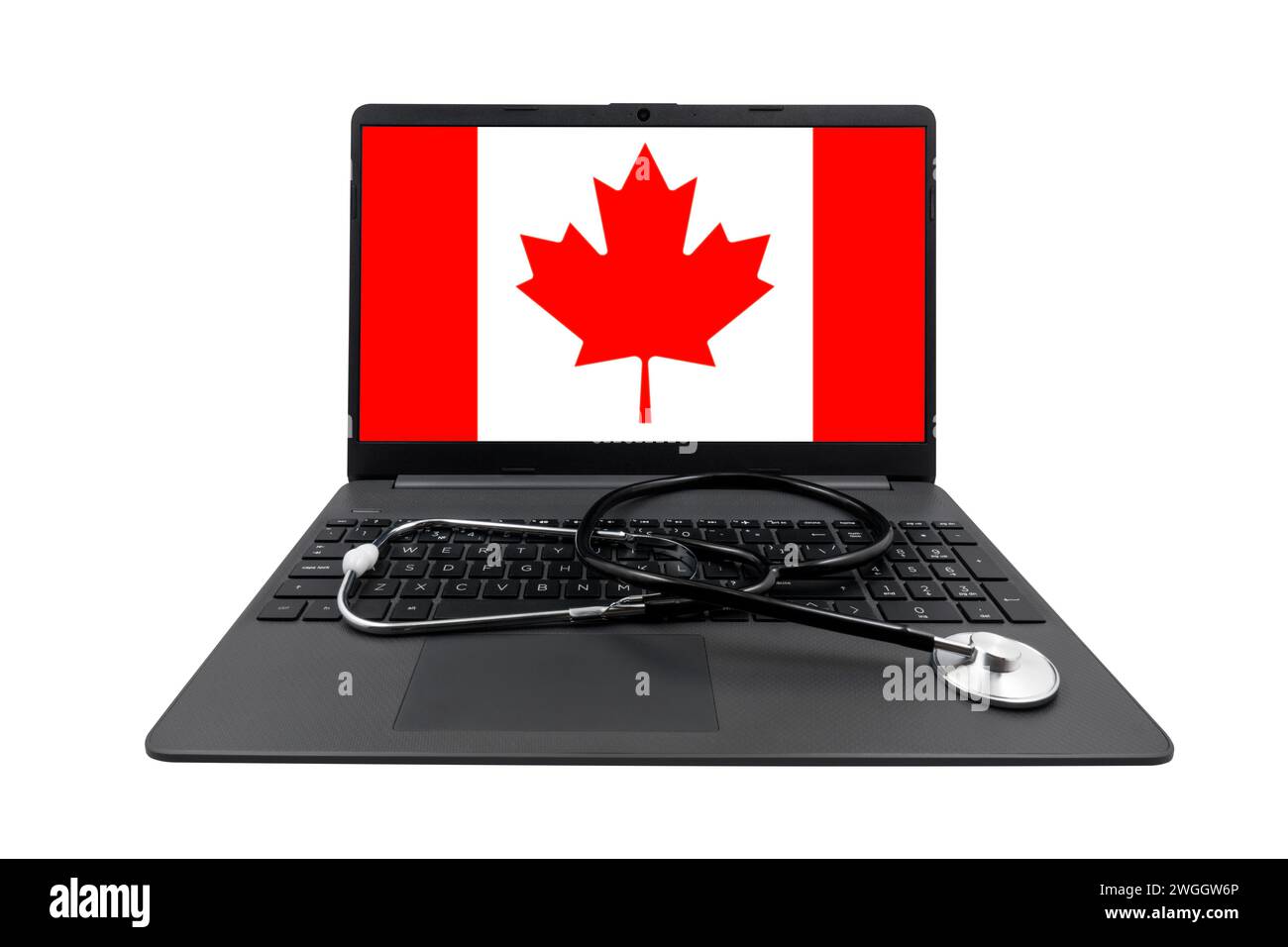 Laptop with Canada flag on screen and medical stethoscope, isolated on ...
