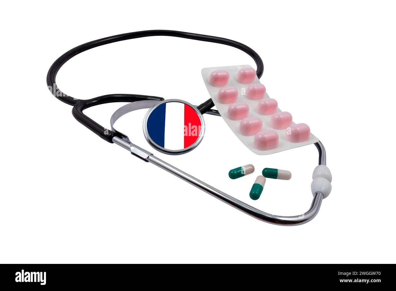Medical stethoscope with a head in shape of a French flag and pills on ...