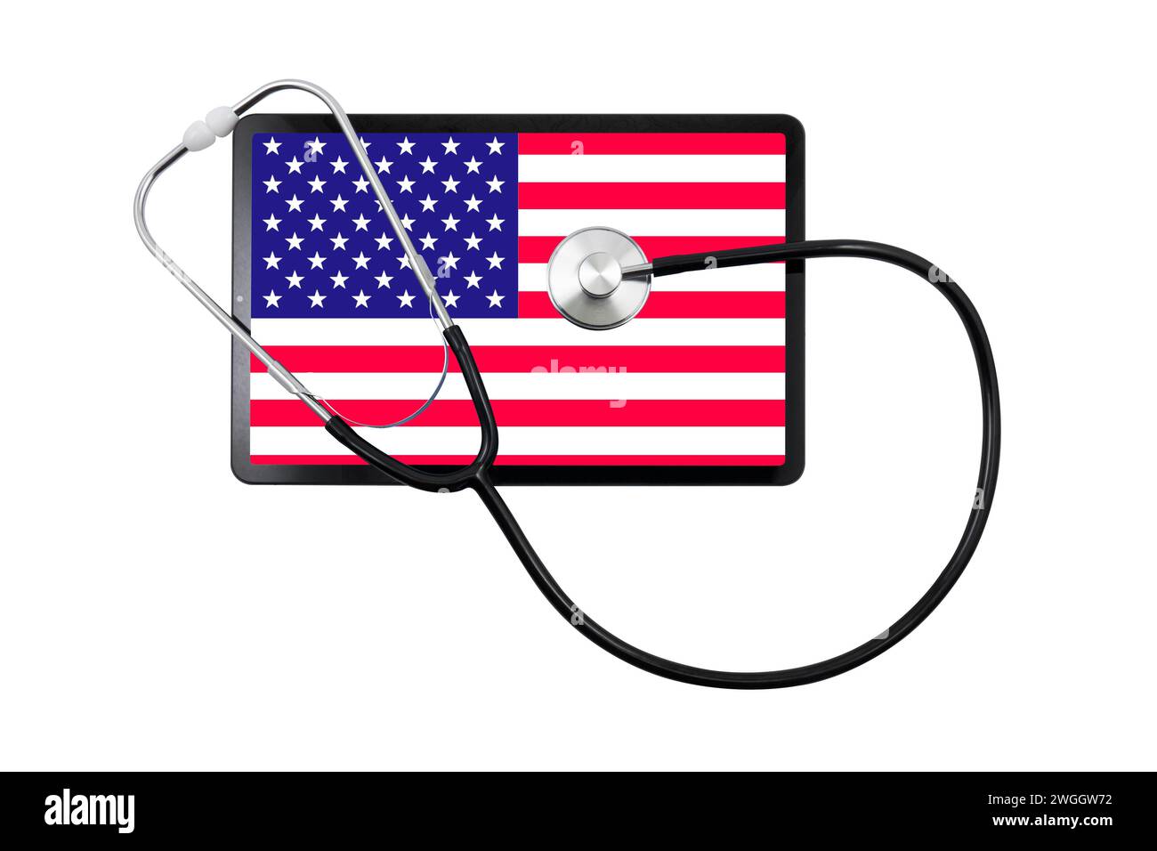 Tablet PC with USA flag on screen and medical stethoscope isolated on ...