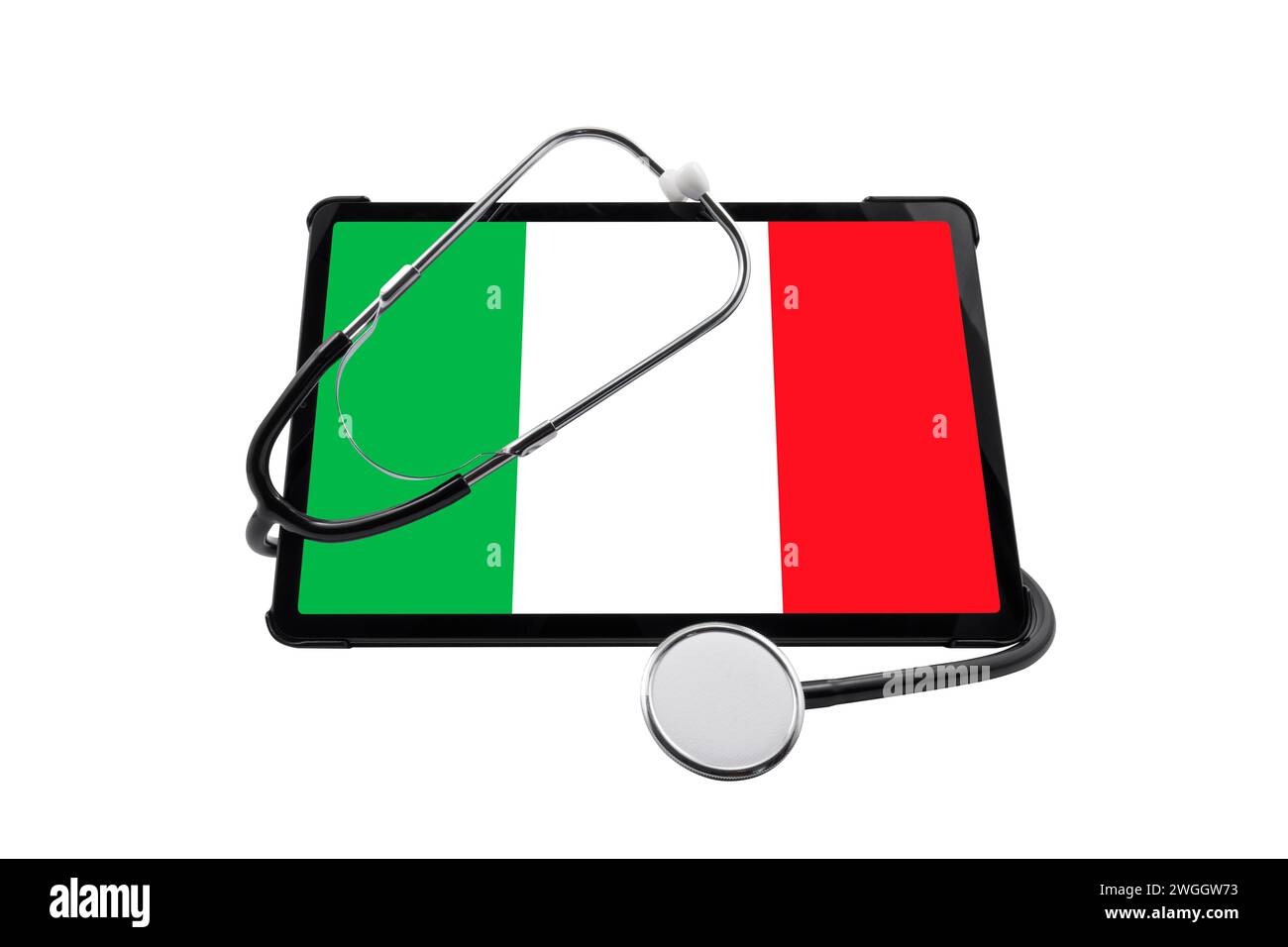 Tablet PC with Italy flag on screen and medical stethoscope on white ...