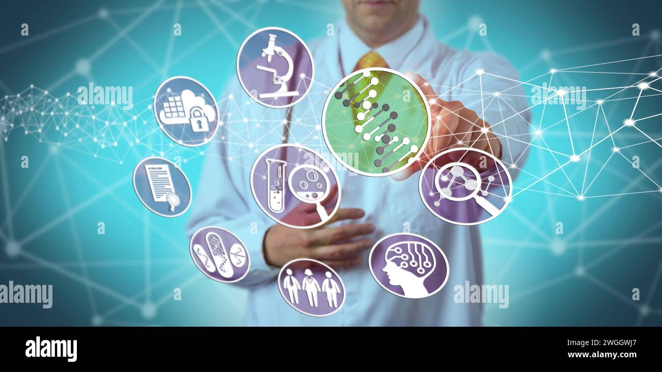 Unrecognizable male scientist using a pharmacogenomics platform in drug ...