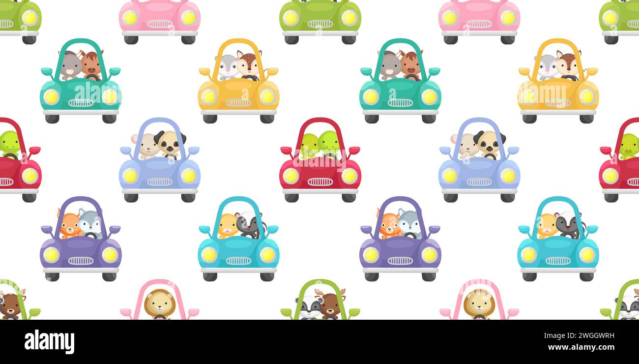 Cute little animals driven car seamless childish pattern. Funny cartoon ...