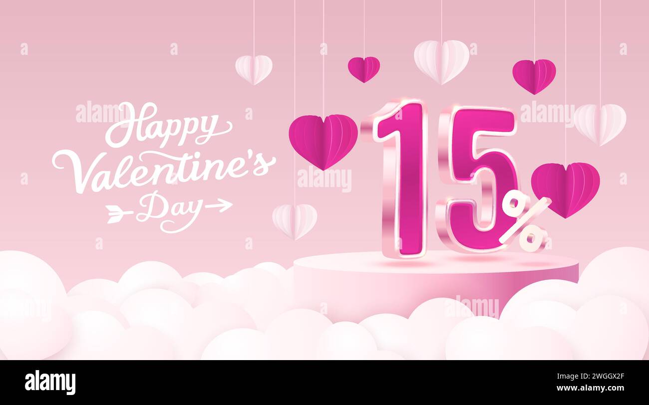 Happy Valentine day, Mega sale, special offer, 15 off sale banner. Sign ...