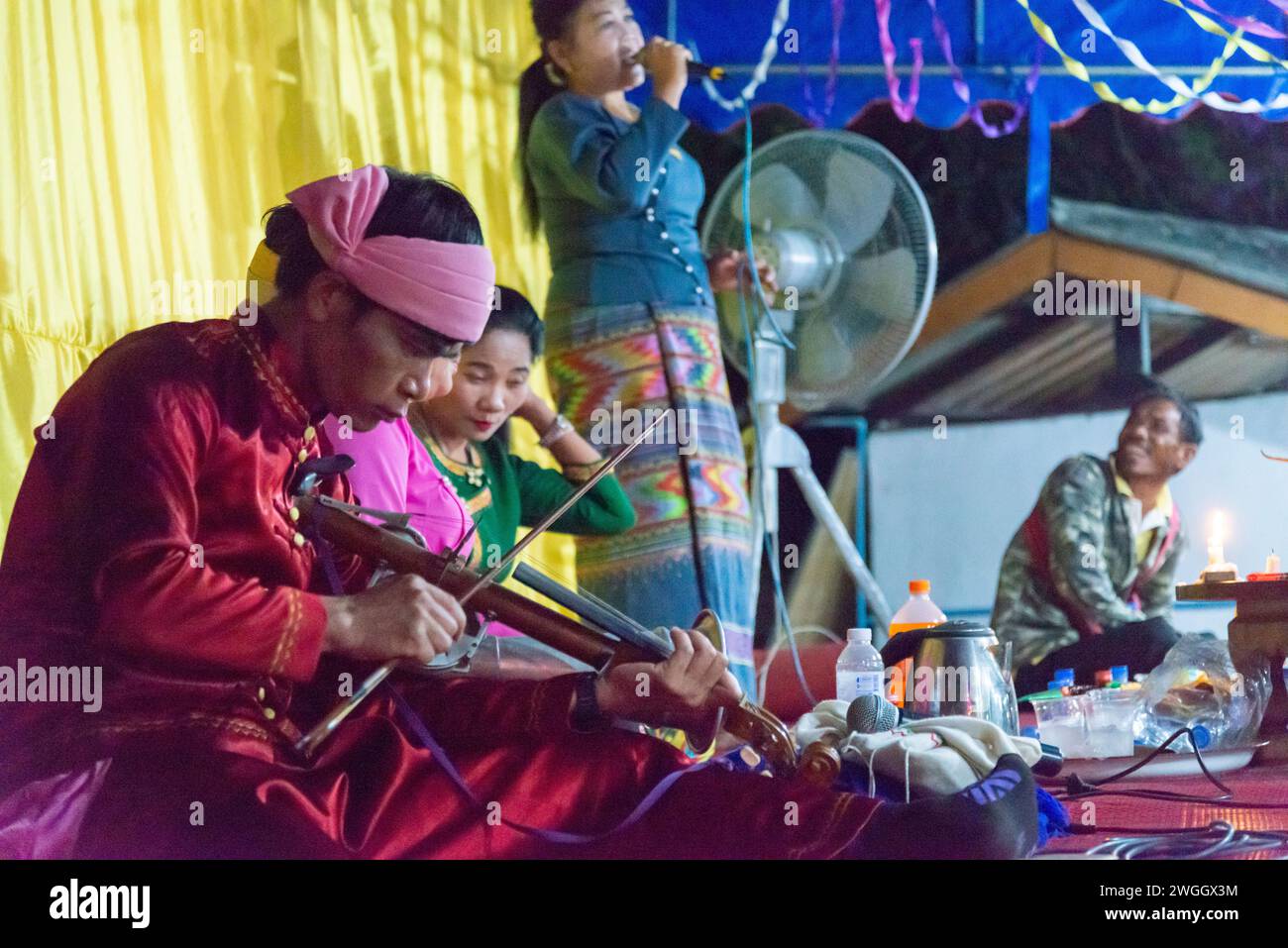 Pai,Thailand-April 04 2023: Local performers play instruments ...