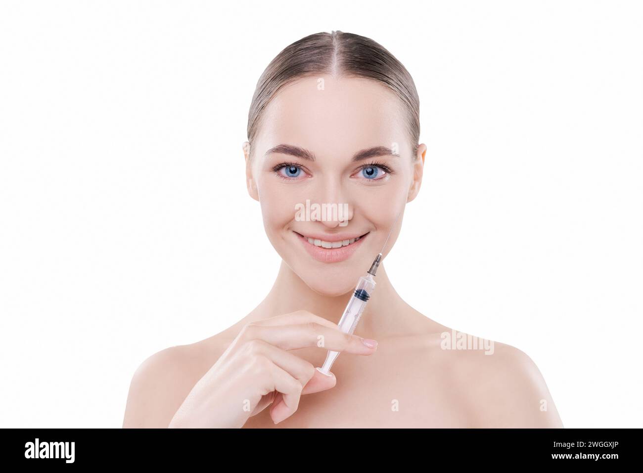 Injection, lip filler and portrait woman face for plastic surgery ...