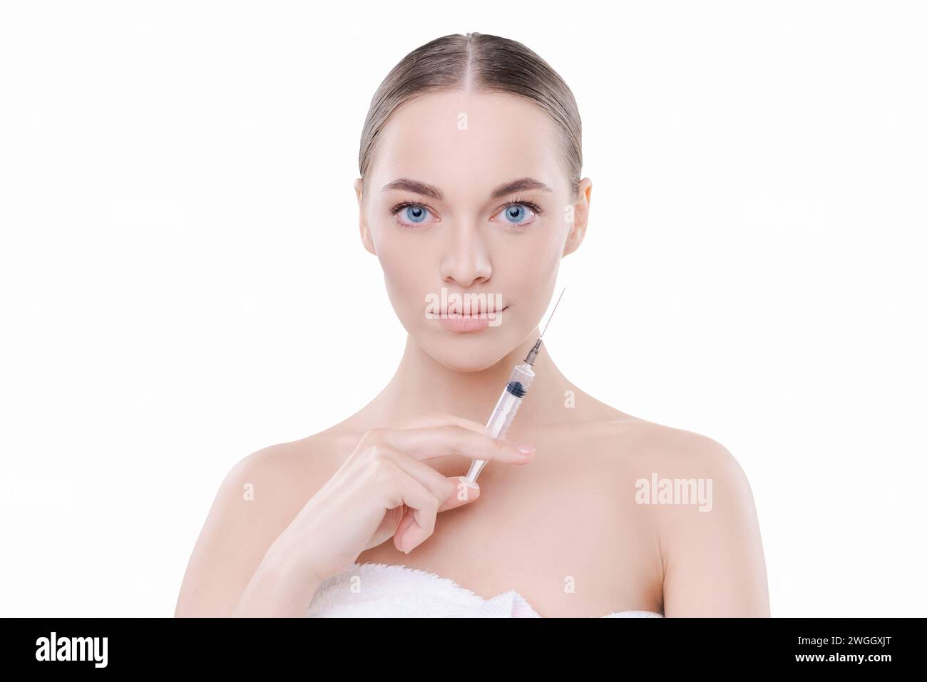 Injection, lip filler and portrait woman face for plastic surgery ...