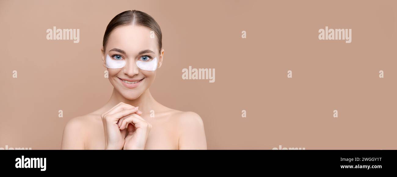 Eye patch. Beauty woman face with under eye collagen pads. Studio shot ...