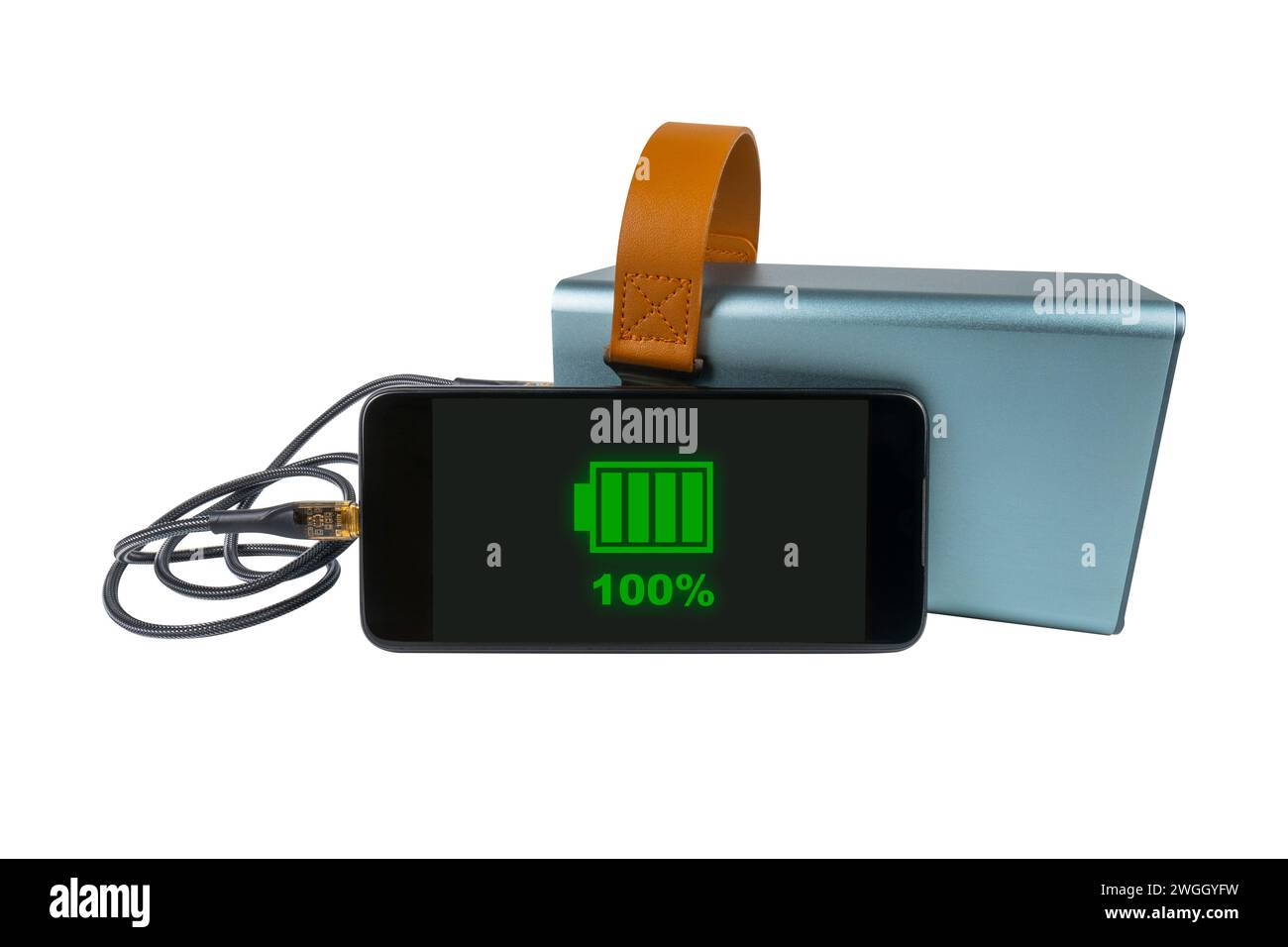 Smartphone is charged from a power bank via a USB cable on a white ...