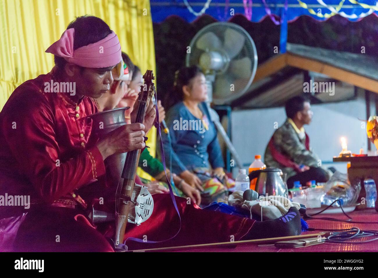 Pai,Thailand-April 04 2023: Local performers play instruments ...