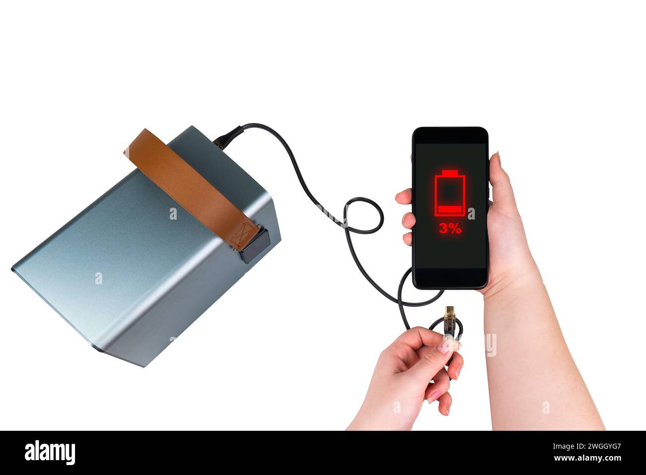 Smartphone in hand and a USB cable in other hand are connected to a ...