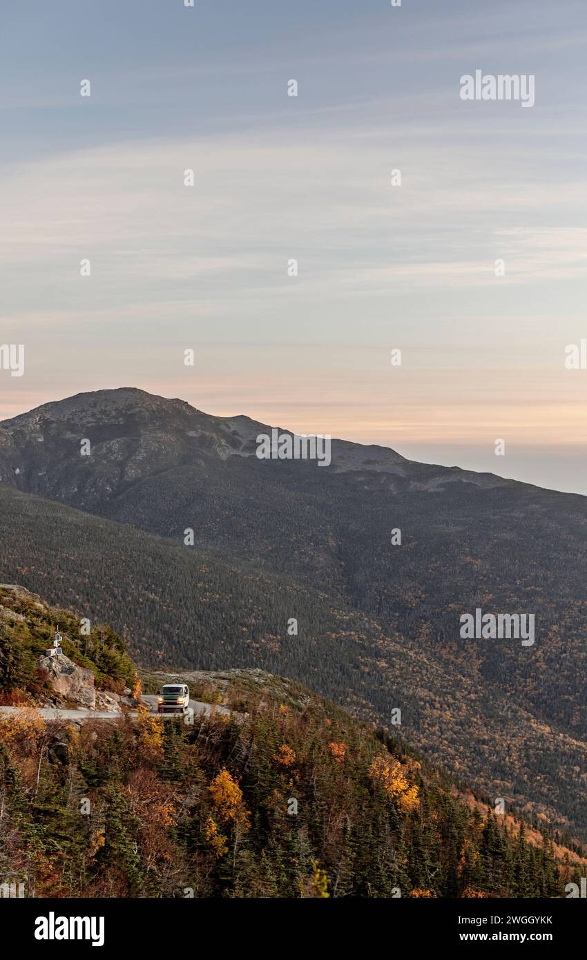 A car climbs precipitous mountain road, White Mountains, NH Stock Photo ...