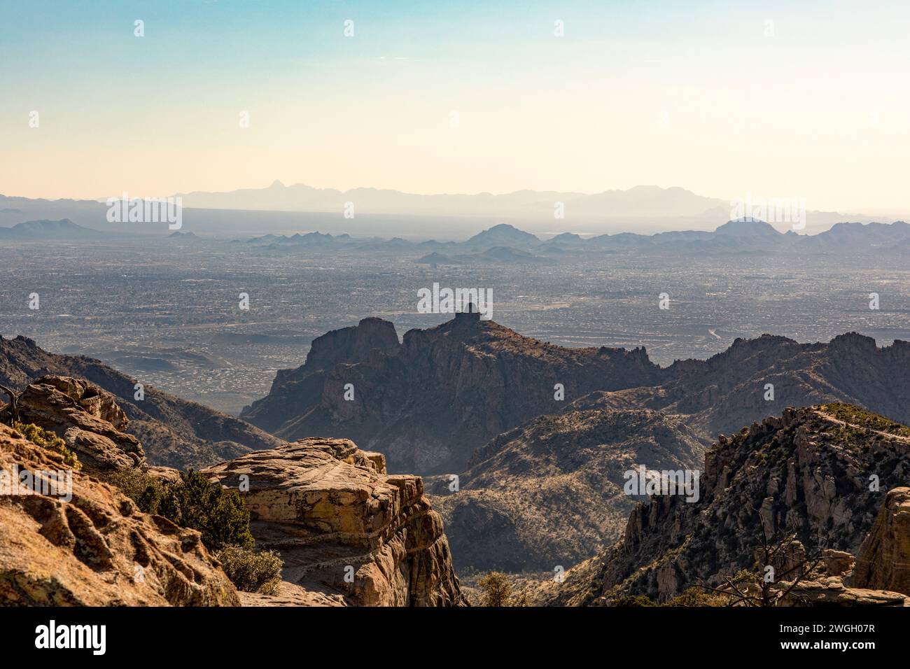 View overlooking mountainous terrain across long distance Stock Photo ...