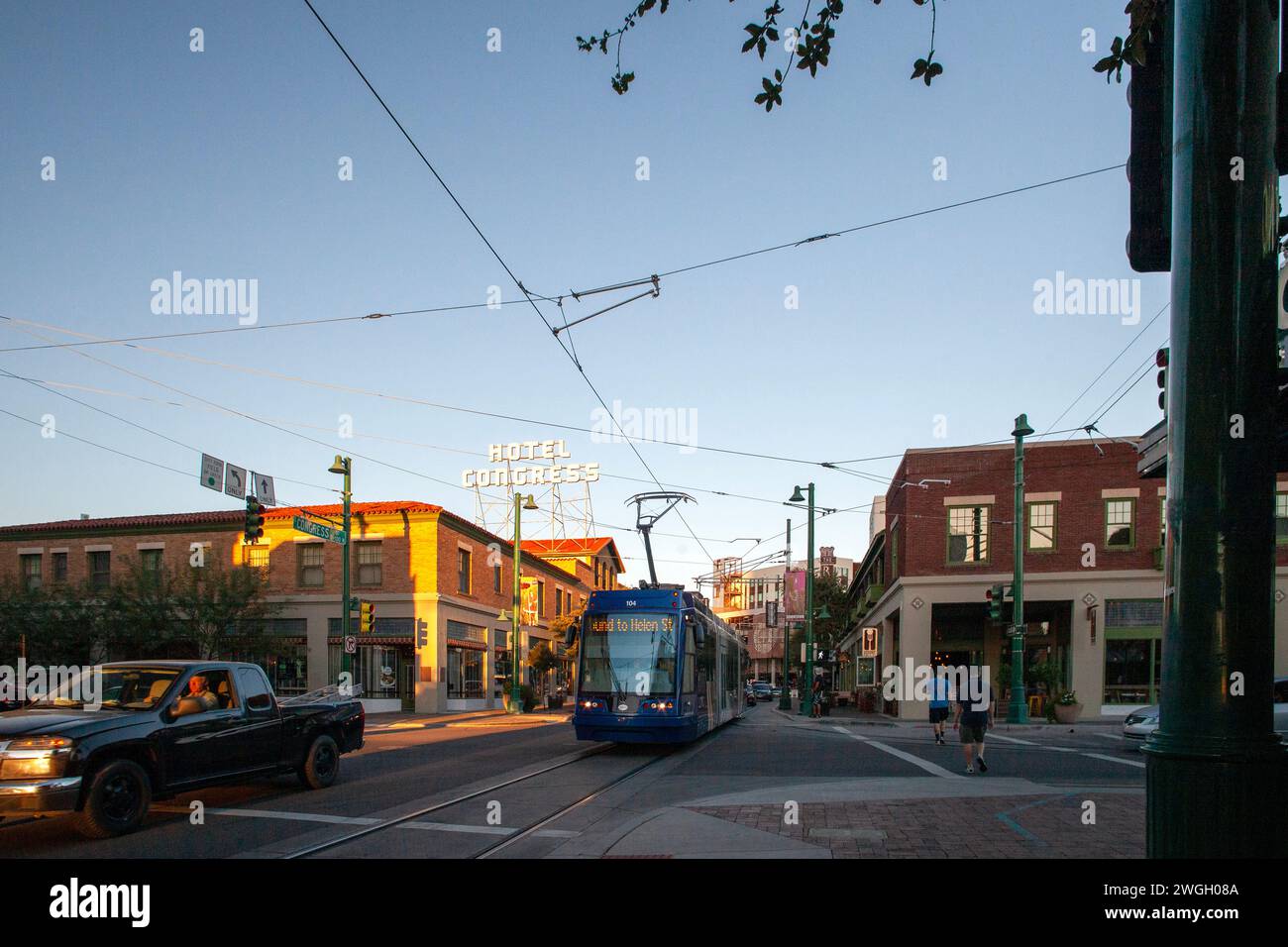 Street scene in downtown Tucson, AZ Light rail hotel Congress Stock ...
