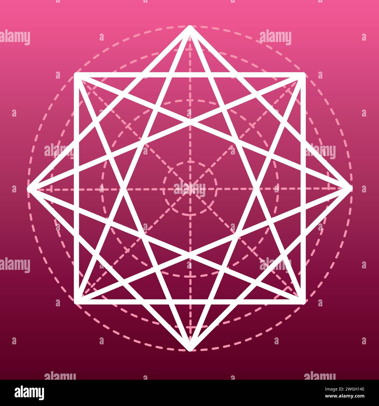 Drawing of a geometric design in a circle on a red-pink background ...