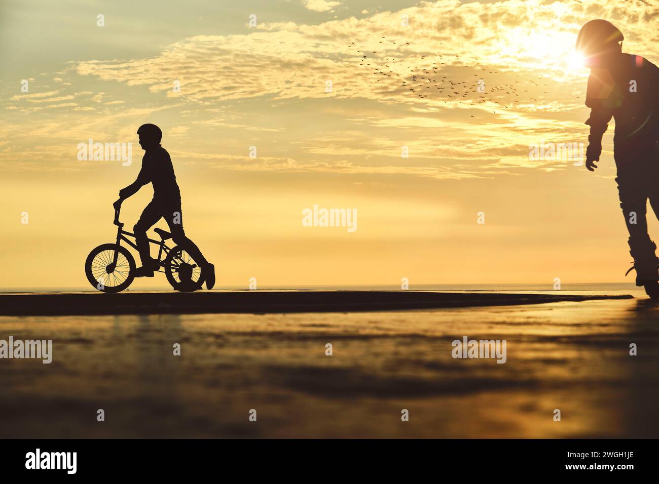 Silhouette of young jumping skateboarder riding longboard, summer ...