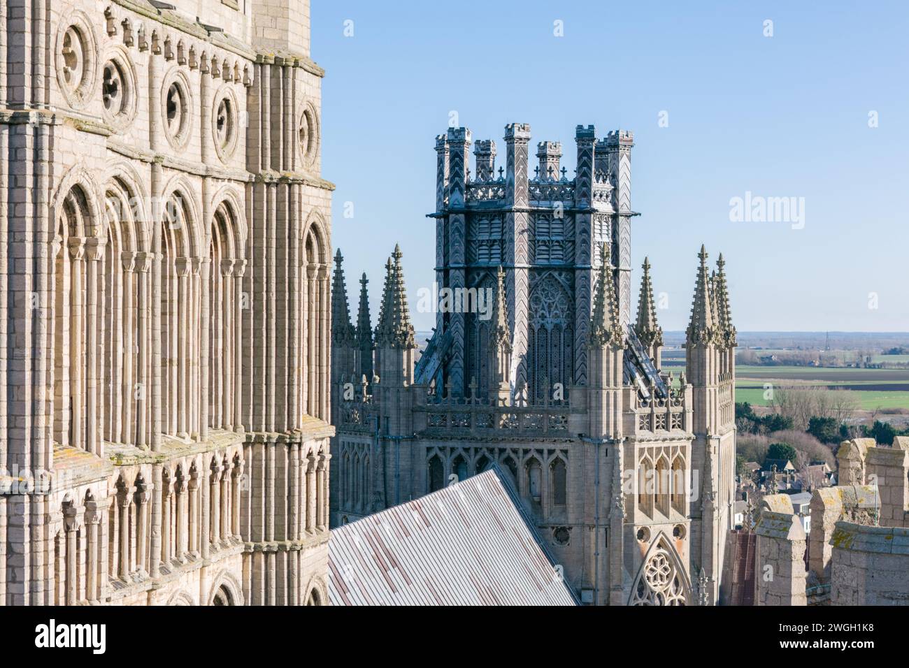 Elevated view of the historic Octagon Tower at Ely Cathedral ...