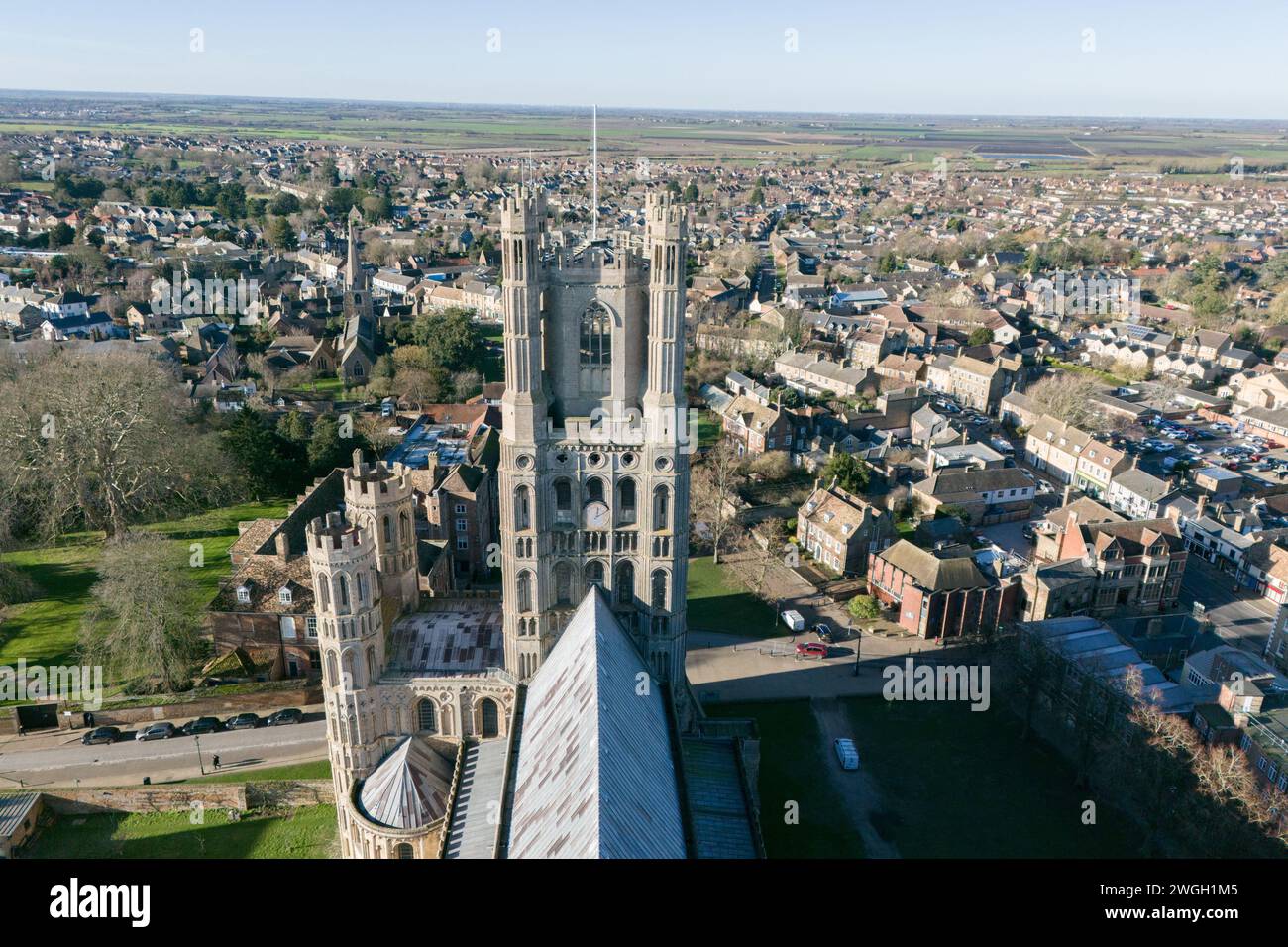 Aerial view of the historic West Tower at Ely Cathedral, Cambridgeshire ...