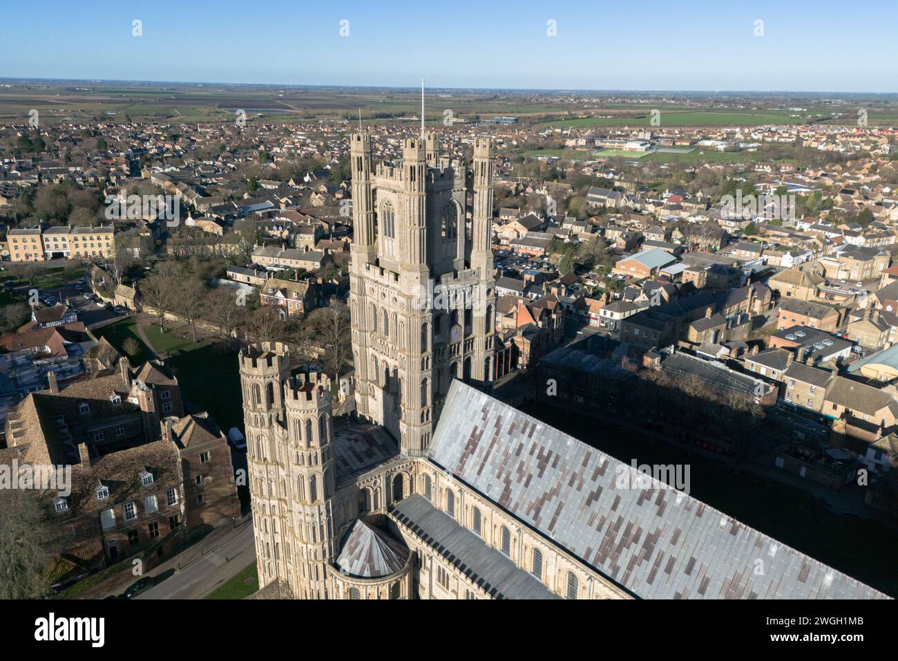 Aerial view of the historic West Tower at Ely Cathedral, Cambridgeshire ...