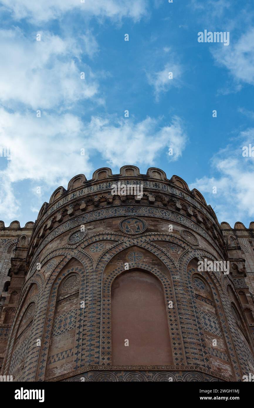 Palermo, Sicily, 2016. Low angle shot of one of the crenelated towers ...