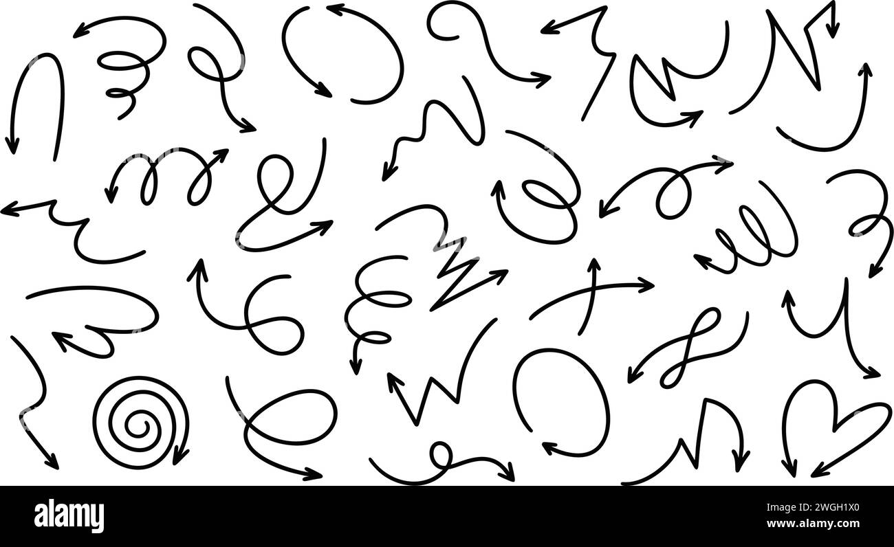 Thin line handdrawn curve arrow set. Doodle sketch pen and pencil ...