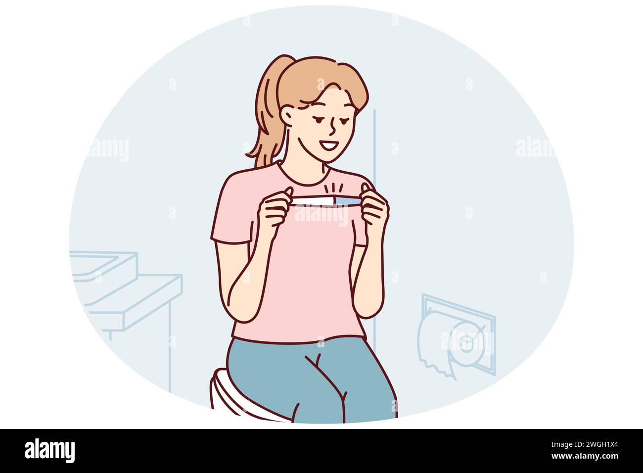 Positive woman happily looking at pregnancy test result. Casual girl ...