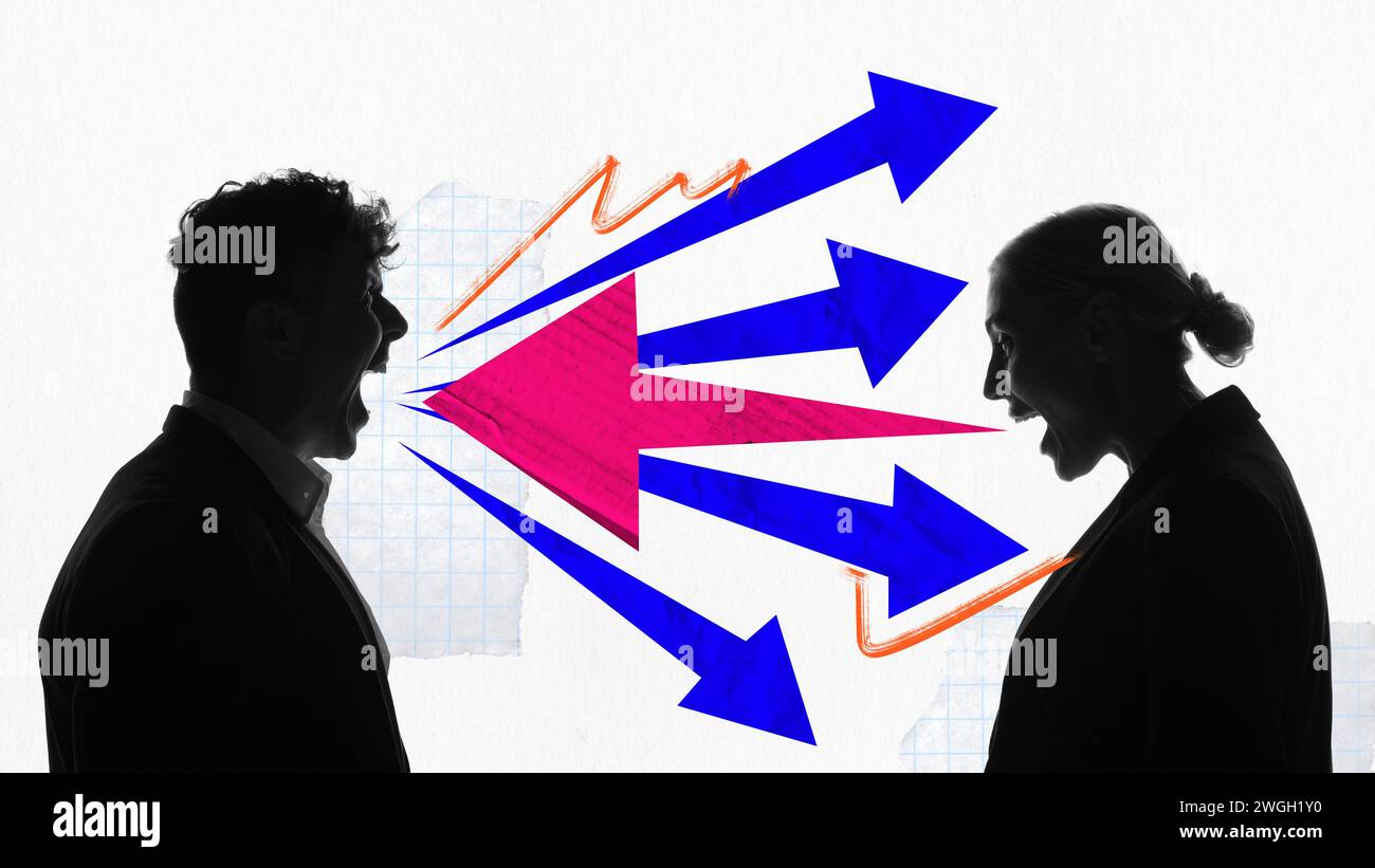 Poster. Contemporary art collage. Couple arguing and arrows flying out ...