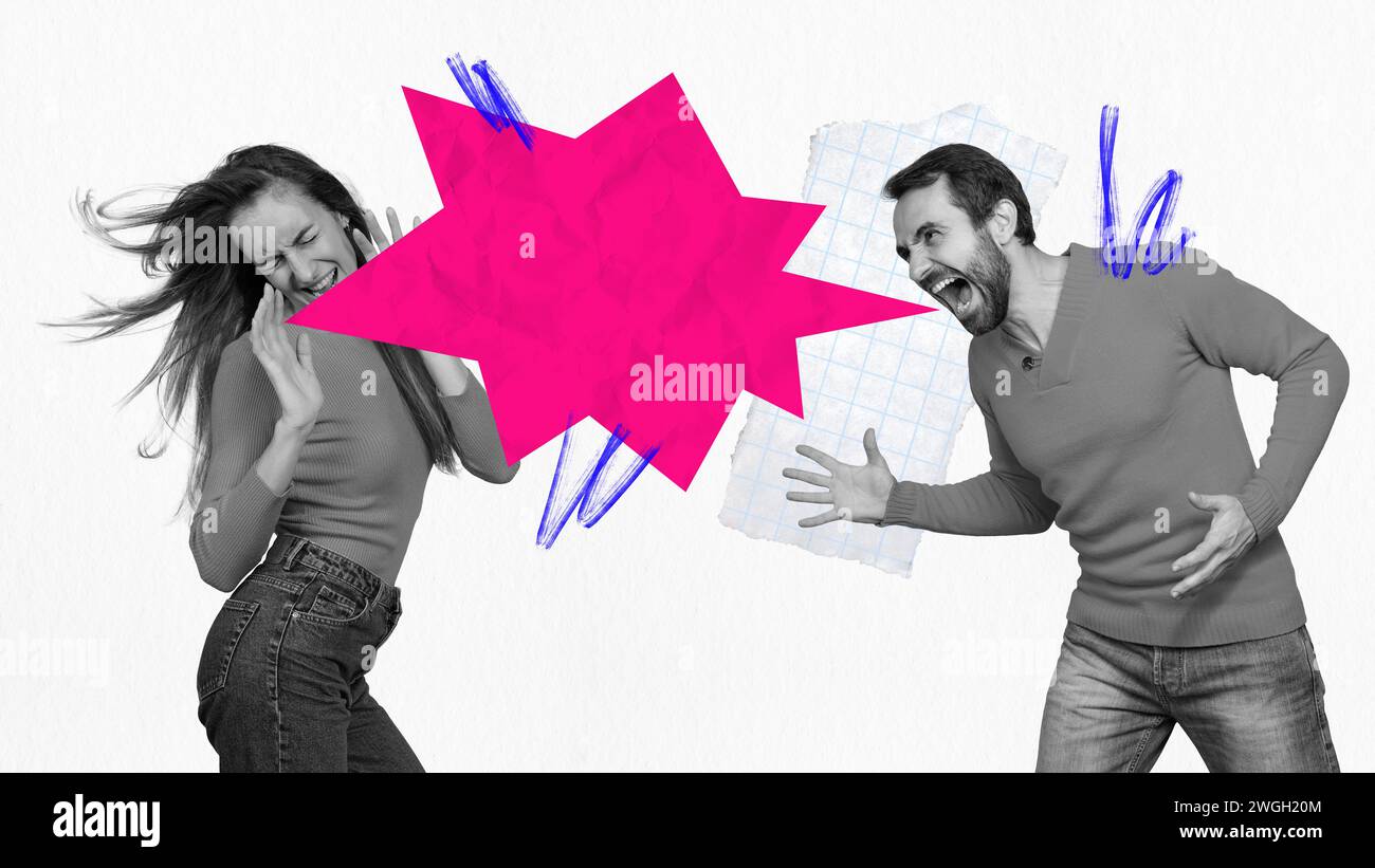 Poster. Contemporary art collage. Young man and woman arguing, husband ...