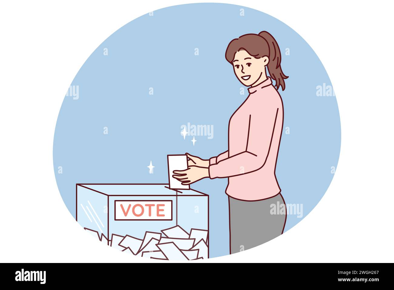 Woman throws ballot into glass box casting vote for presidential or ...