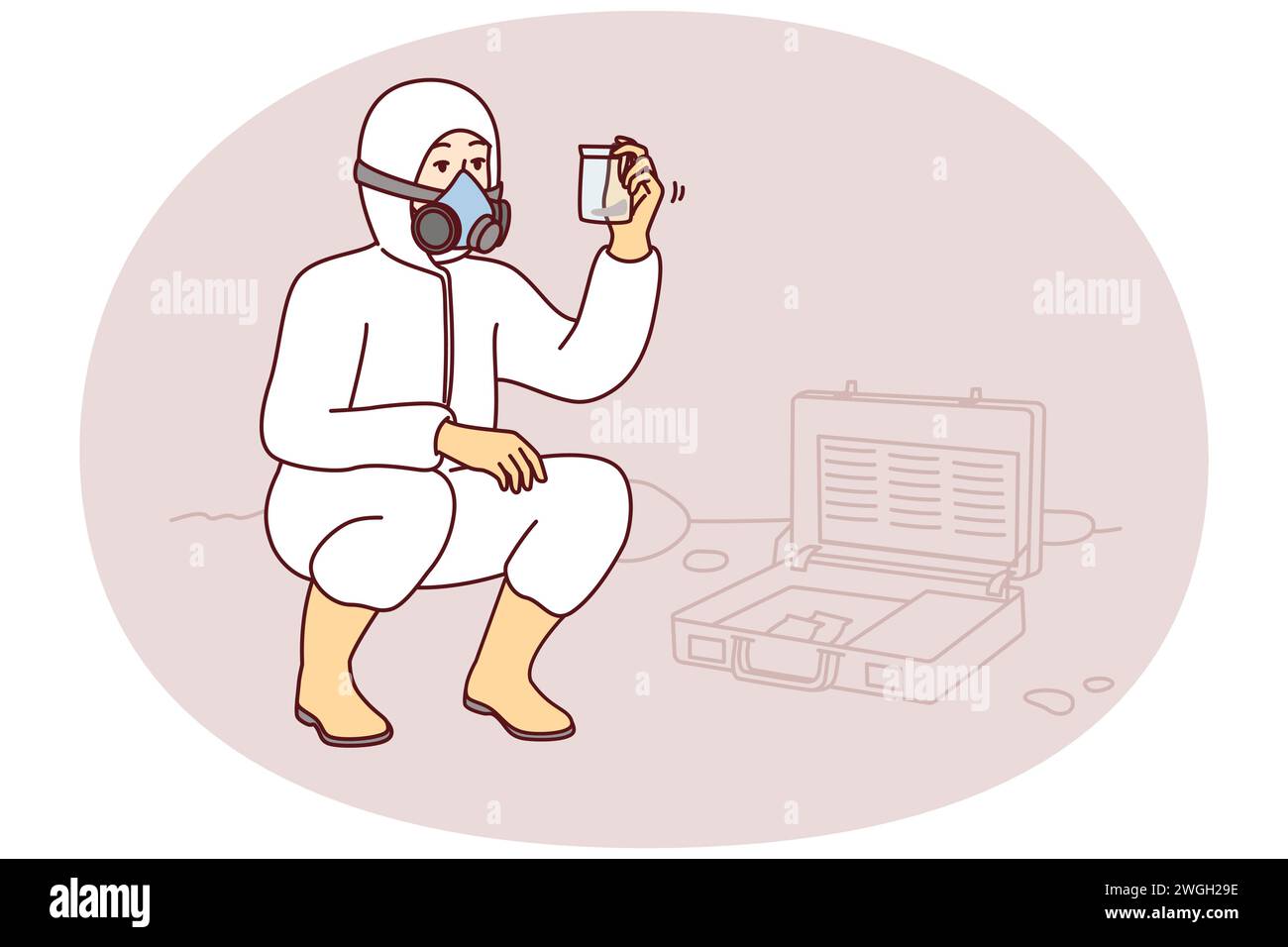 Specialist in chemical protection suit takes sample of earth for ...