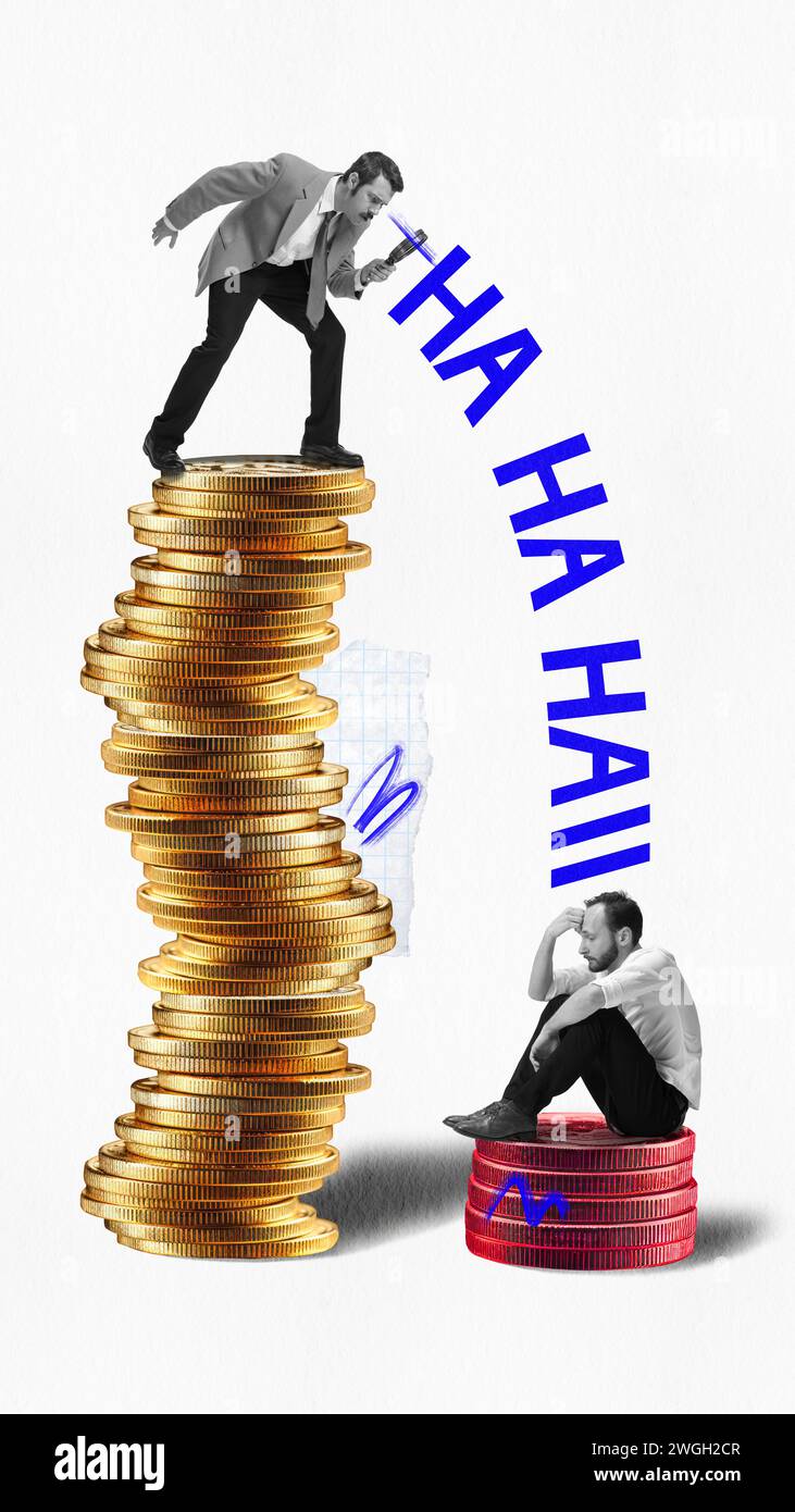 Poster. Contemporary art collage. Successful and rich man stands on ...