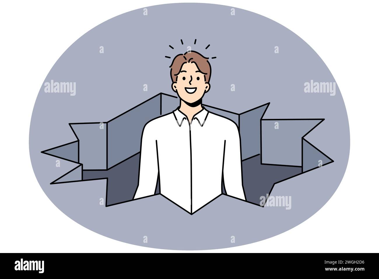 Successful businessman look out of hole in ground feeling powerful ...
