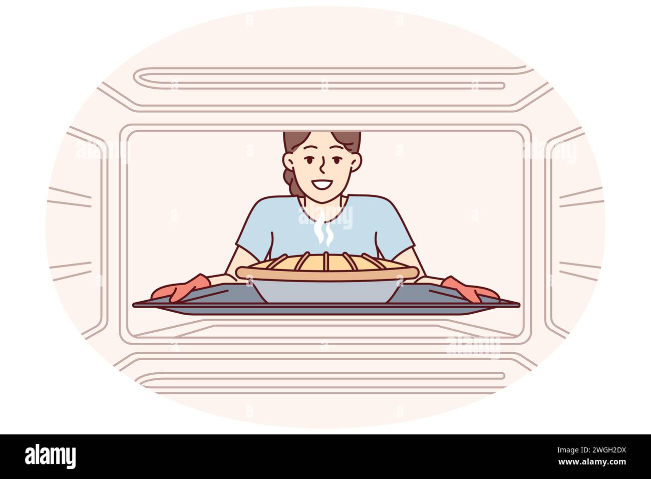 Woman housewife takes ready-made pie out of oven to please family with ...