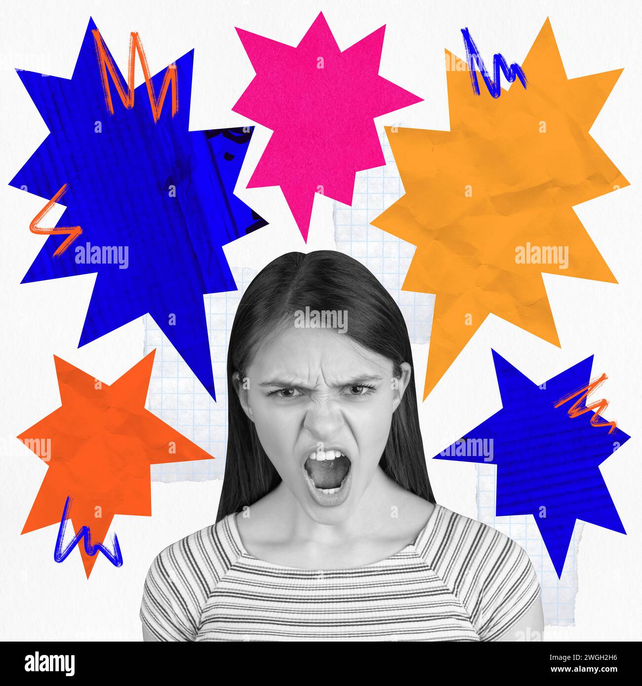 Poster. Contemporary art collage. Angry woman in monochrome filter with ...
