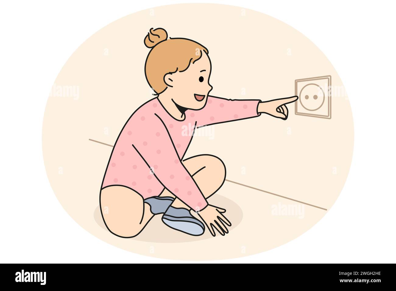 Happy cute girl child stretch finger to electrical socket at home ...