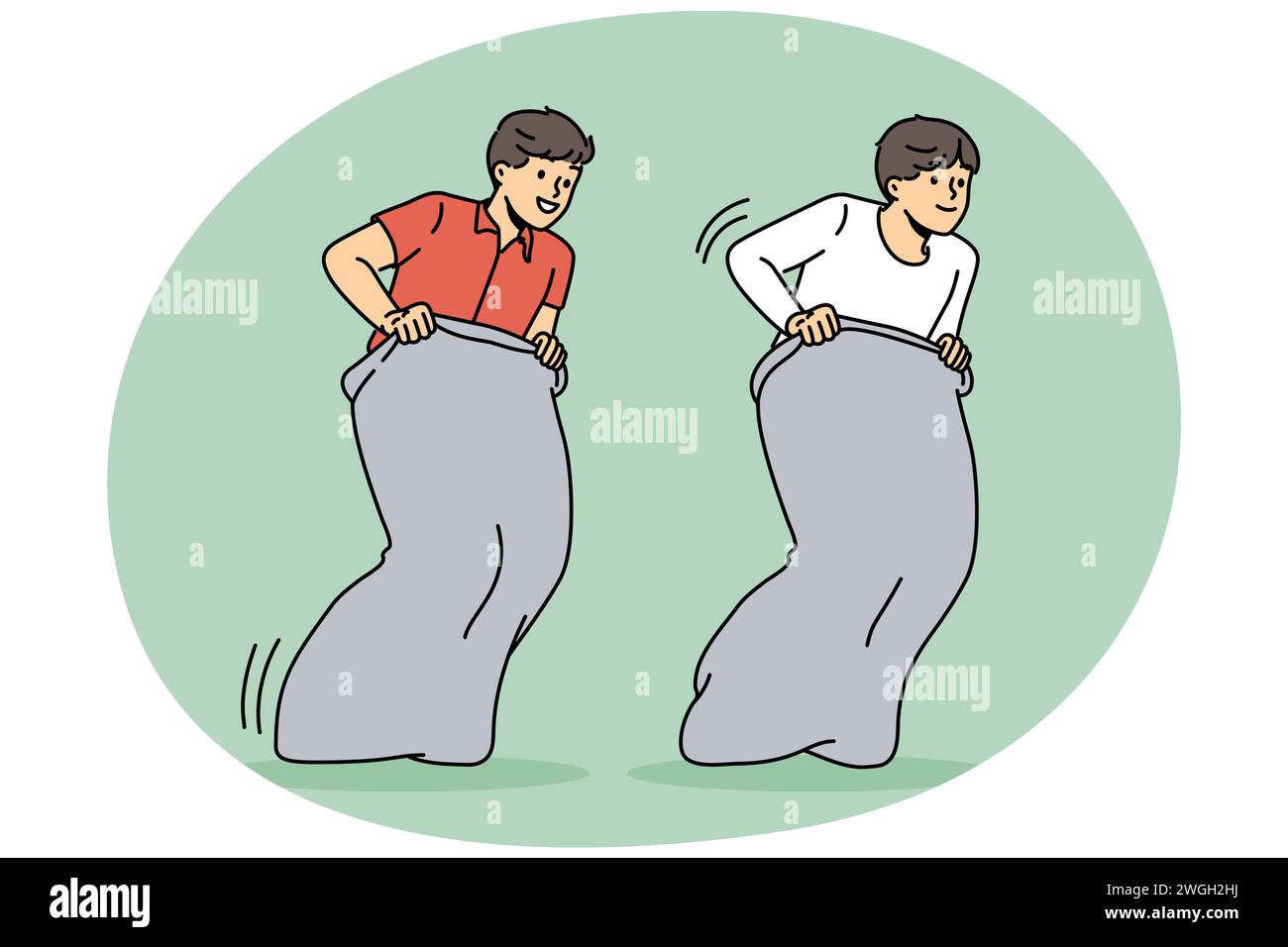 Smiling boys sit in bags jumping during funny activity together. Happy ...