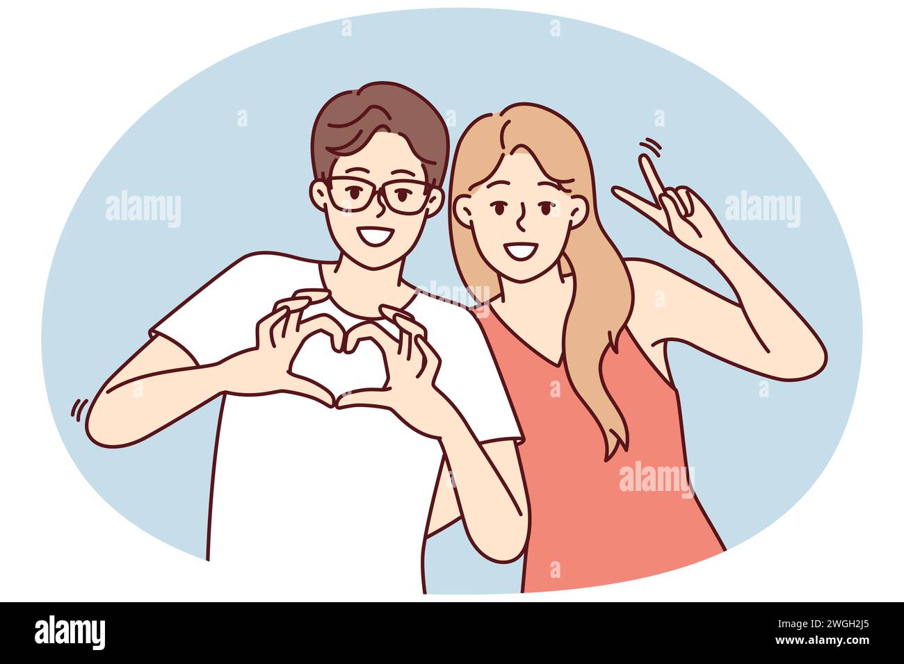 Friendly young man and woman stand in embrace and smiling looking at ...