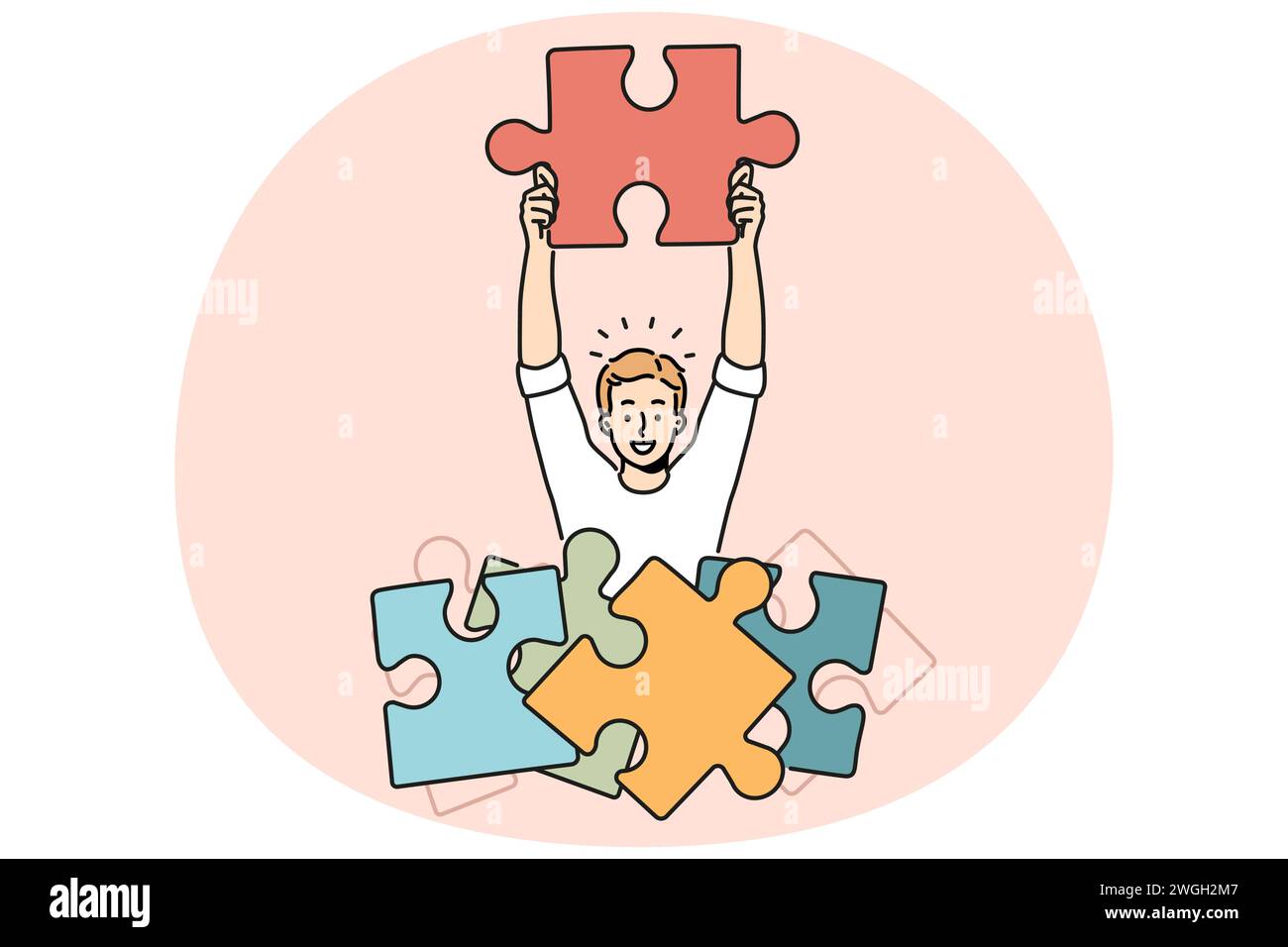 Smiling man with jigsaw puzzles brainstorm find solution to business ...