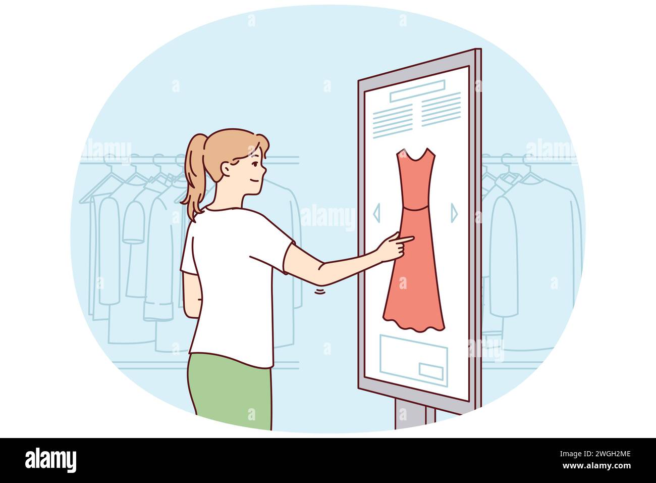 Clothing store customer woman use digital touch panel to select dress ...