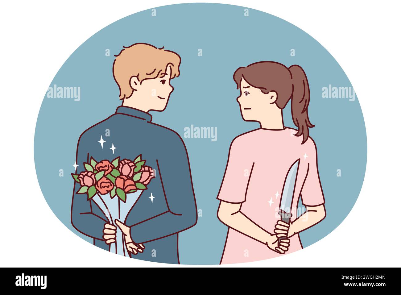 Man and woman look into eyes holding knife and flowers behind their ...