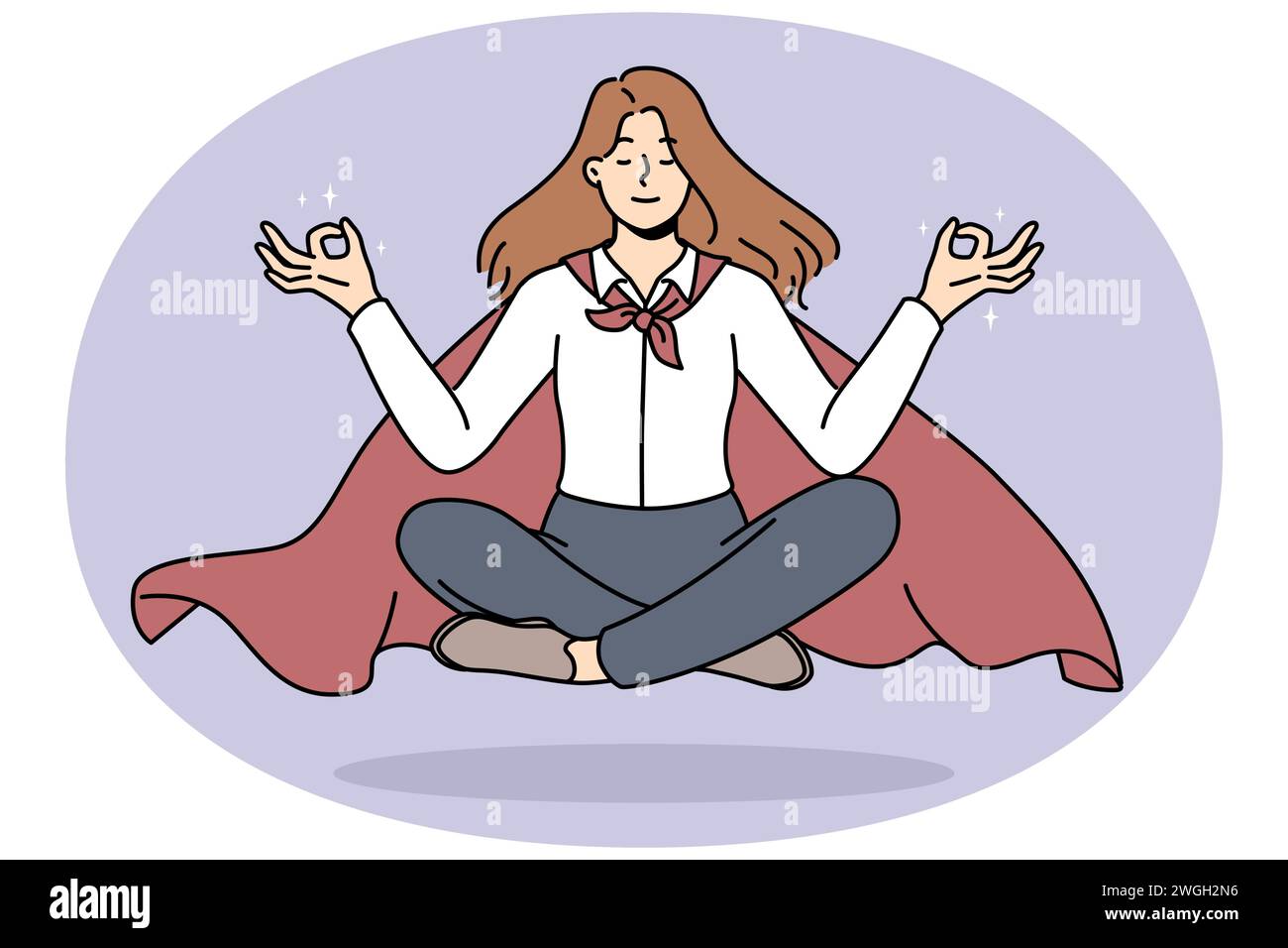 Calm businesswoman in cape meditate floating in air. Relaxed female ...