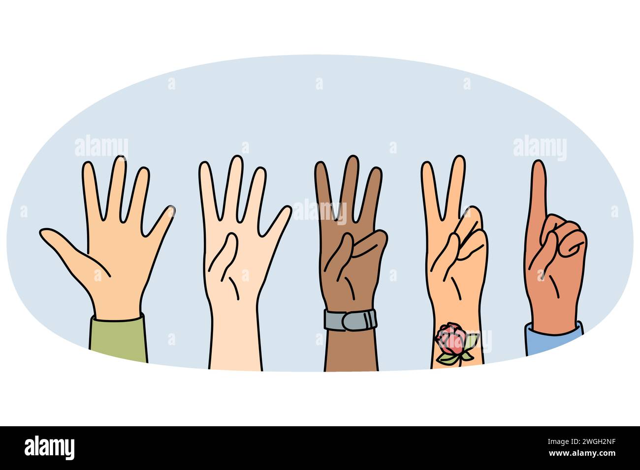 Closeup of diverse people hands showing number by gesture. Multiracial ...