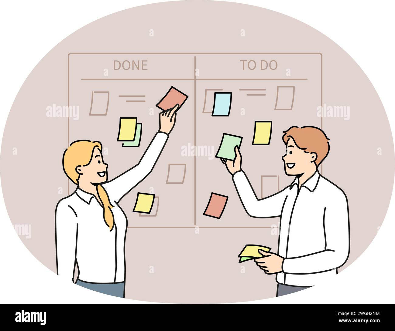 Smiling businesspeople brainstorm manage tasks on scum board in office ...