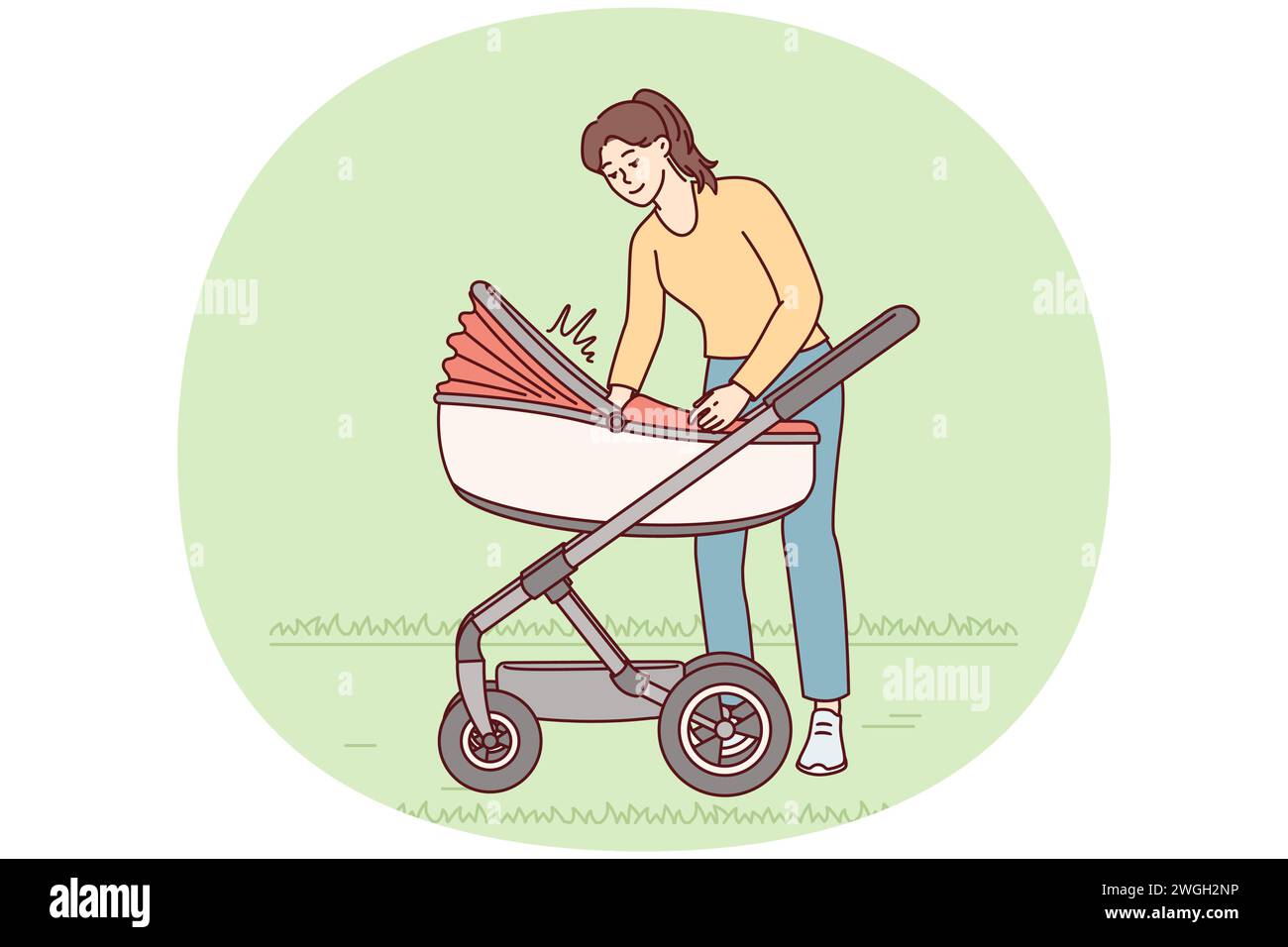 Caring woman walks with kid in stroller soothing crying toddler and ...