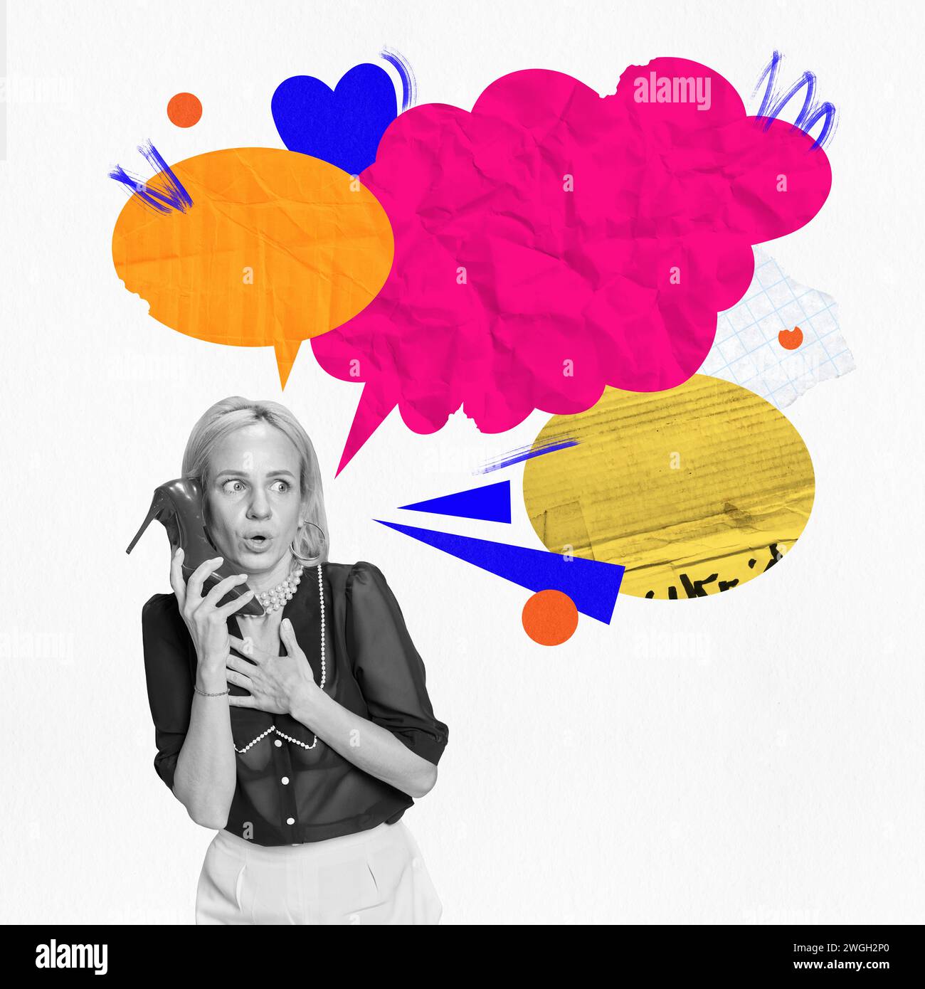 Poster. Modern aesthetic artwork. Excited woman talking to heel with ...