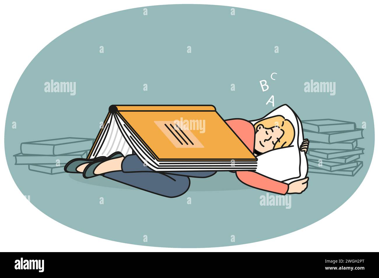 Calm girl sleeping on pillow with huge book cover. Relaxed woman rest ...