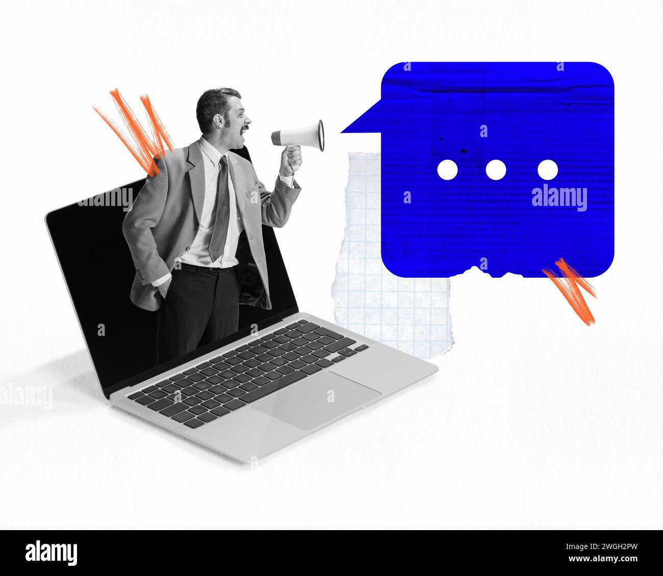 Poster. Contemporary art collage. Work hunter. Young man loudly ...