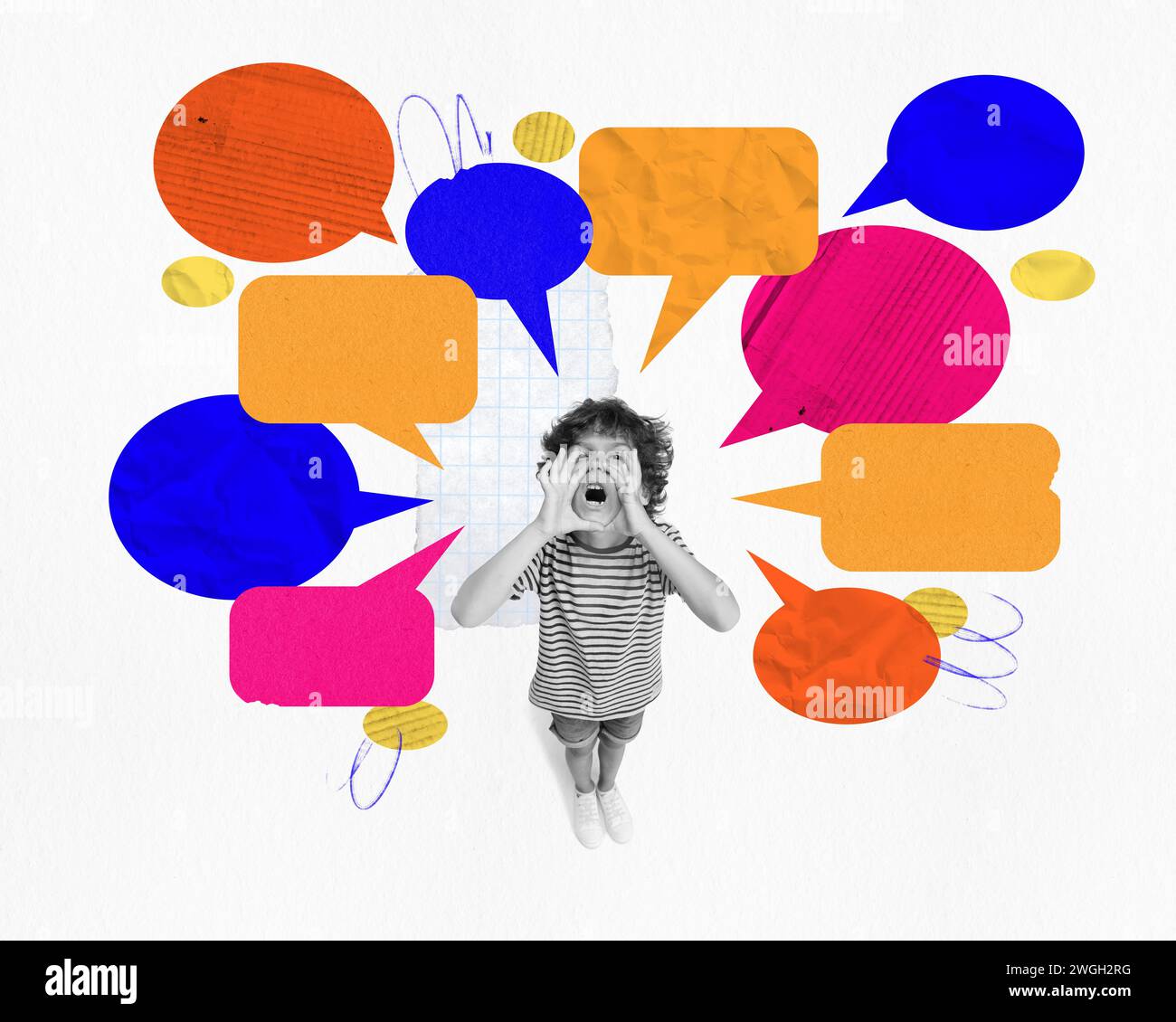 Poster. Contemporary art collage. Child holds hands near mouth and ...