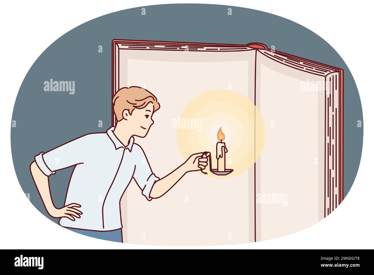 Inquisitive man with candle in hands illuminates pages giant book in ...